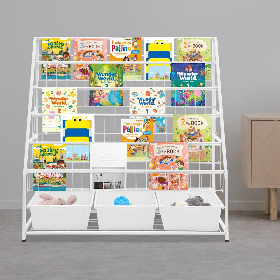 5 Tier Freestanding Kids Bookcase Metal Book Display Rack with 3 ...