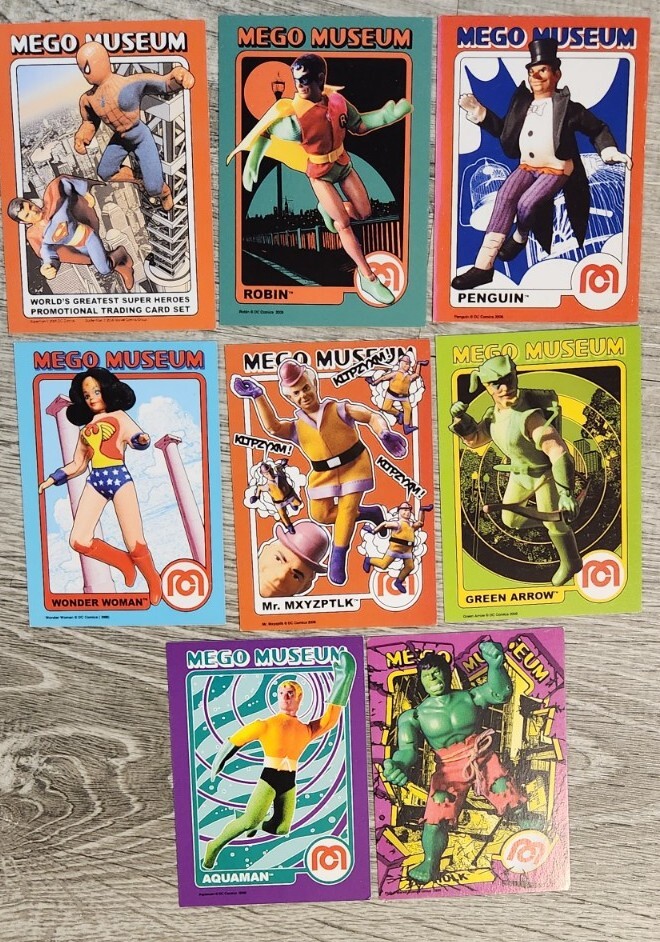 Mego Museum 8 WGSH cards Superman Spider-Man Penguin Mr Mxyzptlk Green ...