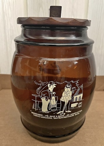Vintage Siesta Ware - Golf Themed Brown Glass Cookie Jar with Wooden ...