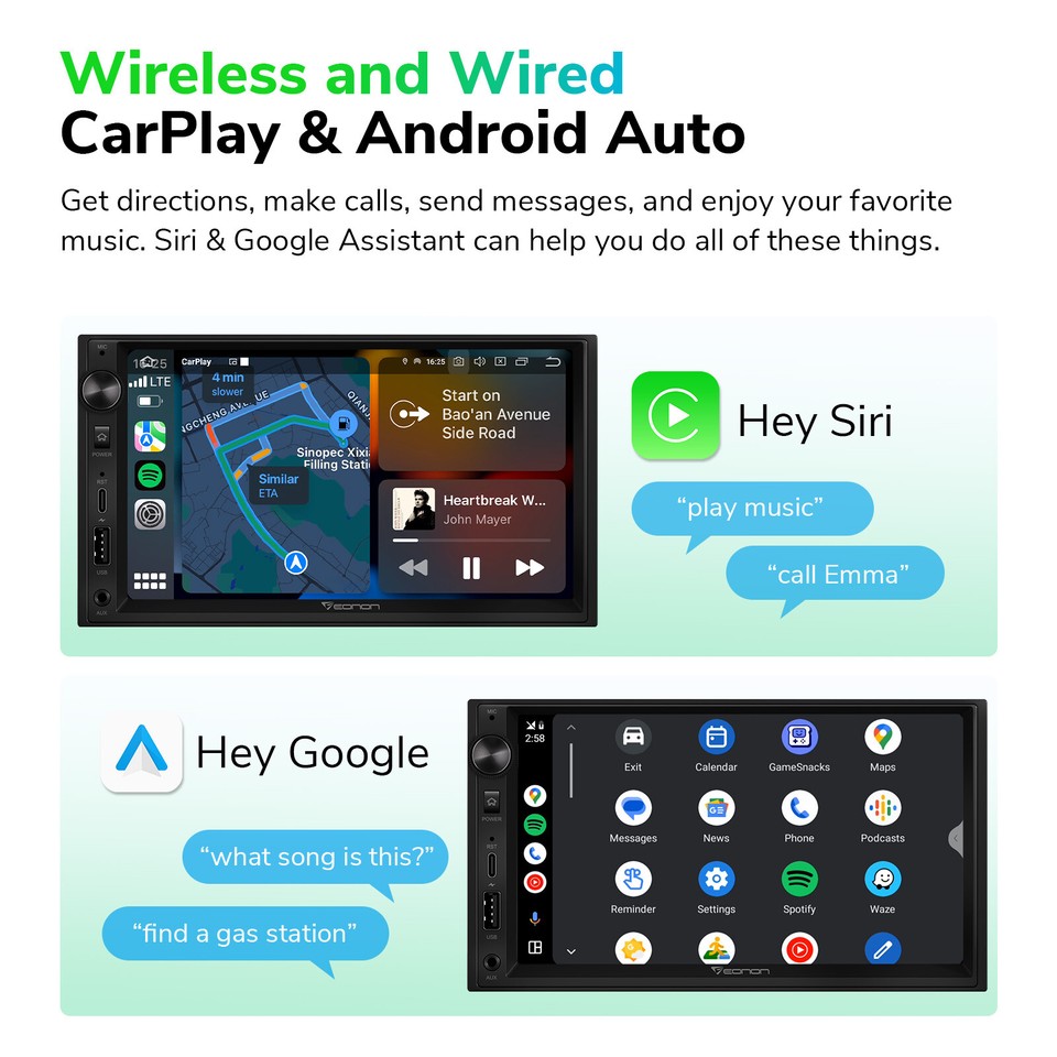 CAM+Wireless Android Auto Apple CarPlay Double Din 7" QLED Car Stereo ...