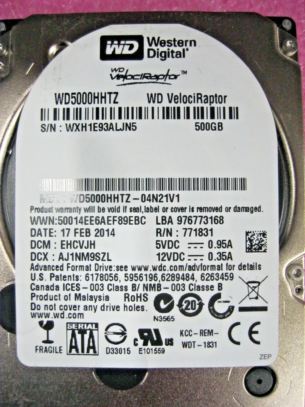 LOT 5 of WD WD5000HHTZ VelociRaptor 500GB 10K SATA W/Caddy 2.5" to 3.5 ...