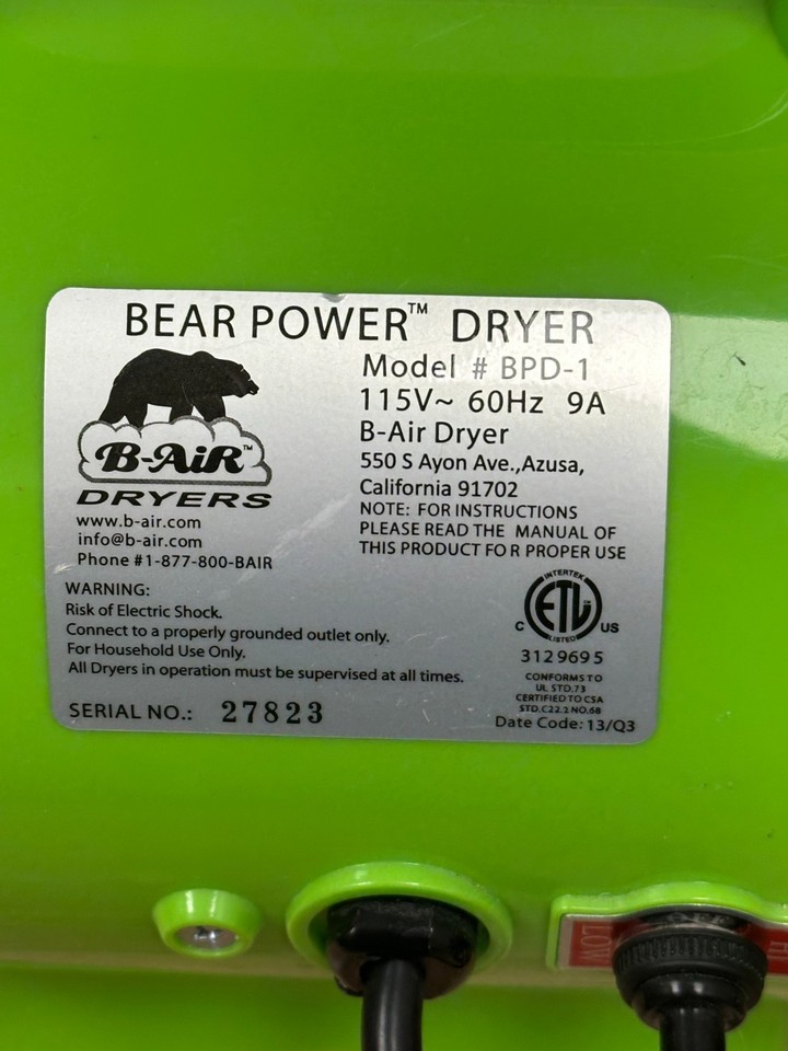 Bear Power Pro Grade Pet Blow Dryer Dog B-Air Model BPD-1 Grooming 2 ...