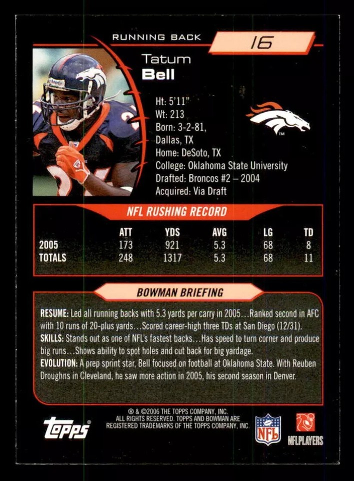 2006 Bowman #16 Tatum Bell Denver Broncos | eBay
