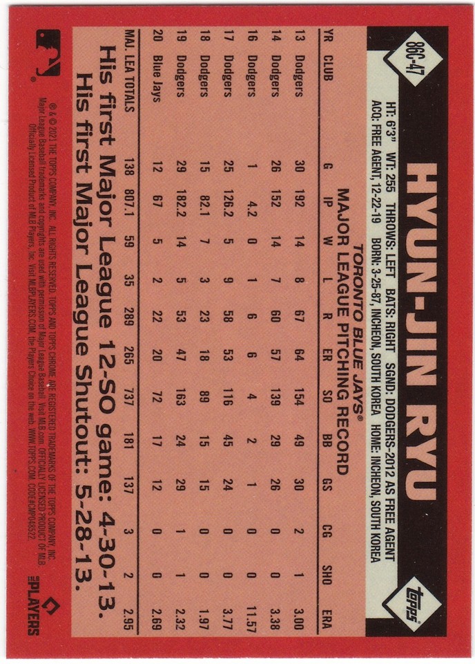 2021 Topps Update Silver Pack Topps Chrome 86 Hyun-Jin Ryu 86C-47 | eBay