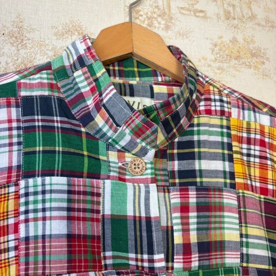 Vintage Orvis multicolor madras patchwork mandarin collar button up ...