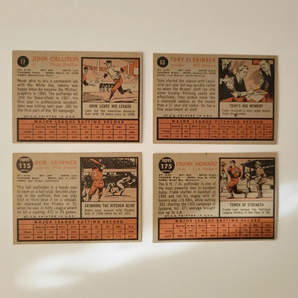 1962 Topps Baseball- Johnny Callison, Tony Cloninger, Bob Skinner ...