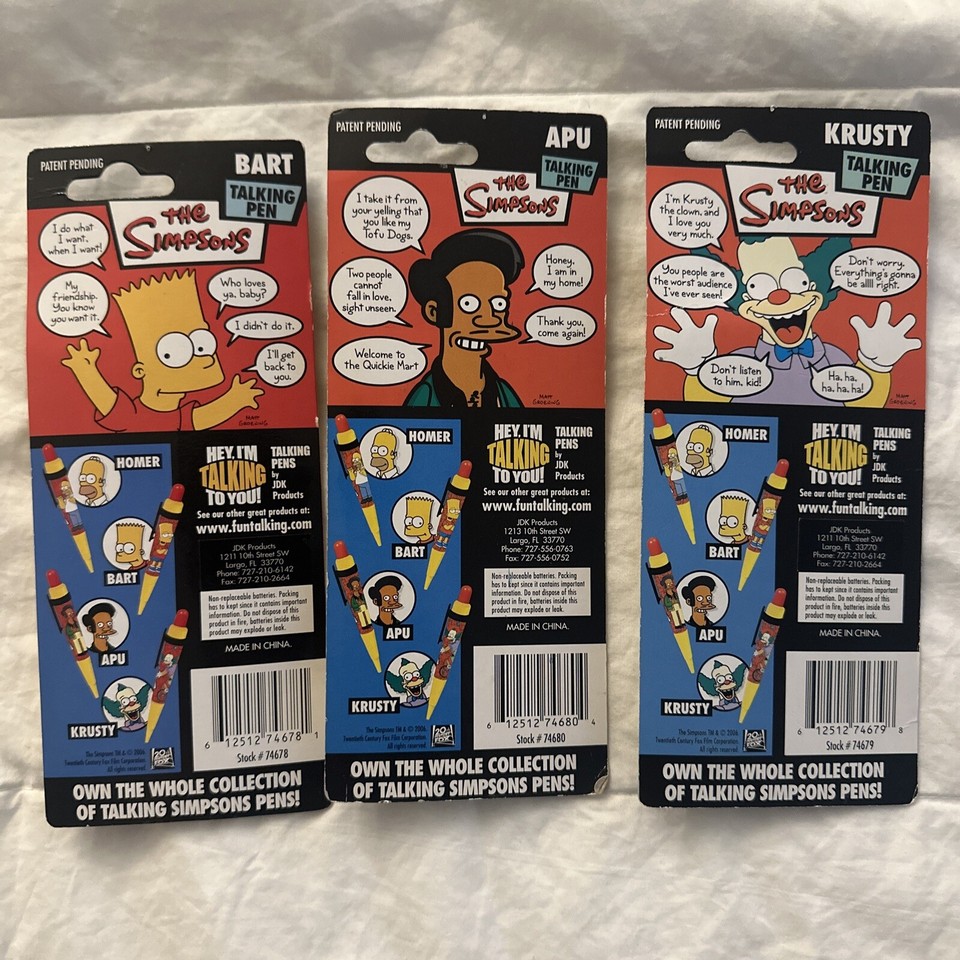 The Simpsons Talking Pen Bart, Krusty the Clown & Apu Set of 3 NEW ...