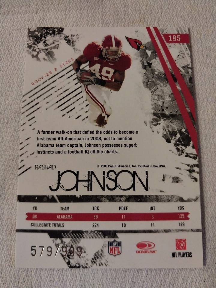 2009 RASHAD JOHNSON PANINI RS NFL ROOKIE CARD RC /999 ARIZONA CARDINALS ...