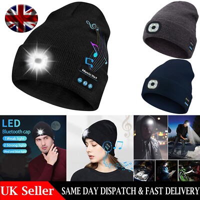 Unisex Bluetooth Beanie Hat with Light LED Music Torch Headphones Hat ...