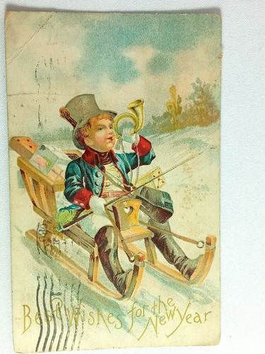 Vintage Postcard 1908 Best Wishes for the New Year Boy with Horn a Sled ...