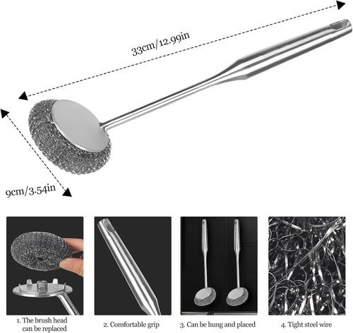 Stainless Steel Long-Handled Steel Wool Brush, Grill Brush Bristle Free ...