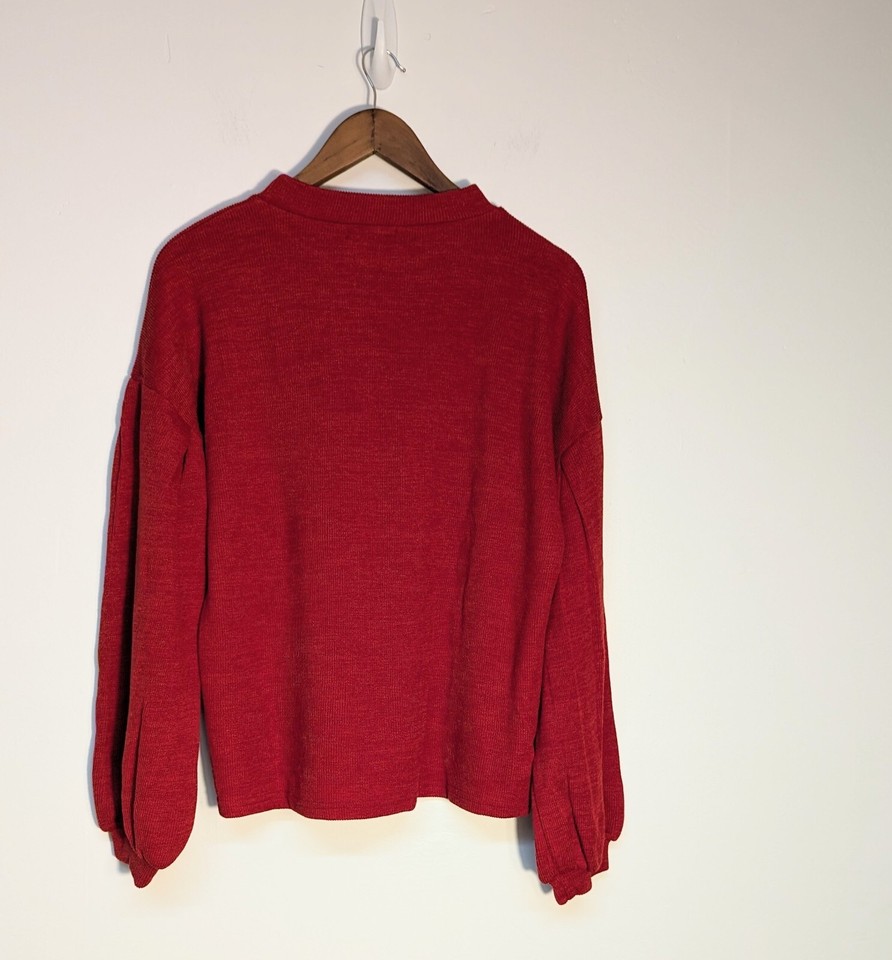 Pretty Garden Sweater Women's Small Red Pullover Ribbed Balloon Sleeve ...