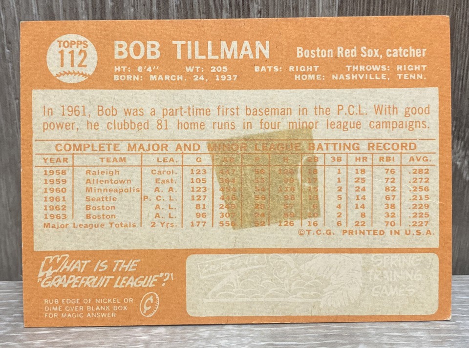 BOB TILLMAN 1964 TOPPS VINTAGE BASEBALL CARD #112 - RED SOX | eBay