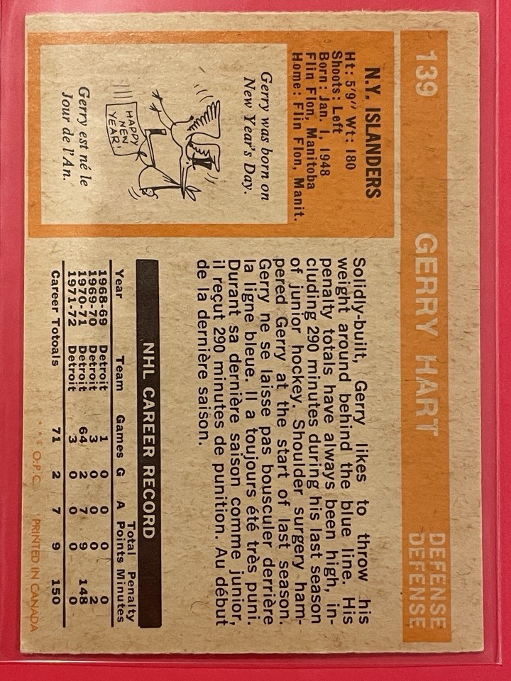 1972-73 O-Pee-Chee Gerry Hart Rookie RC #139 Vintage Hockey New York ...