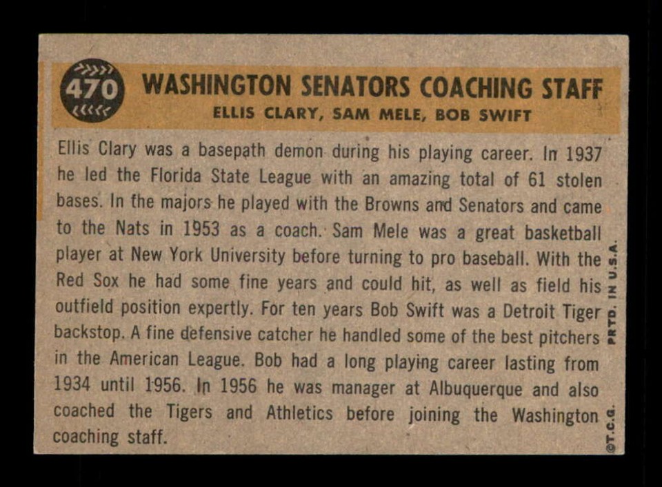 1960 Topps #470 Bob Swift/Ellis Clary/Sam Mele Senators Coaches EX/EX+ ...