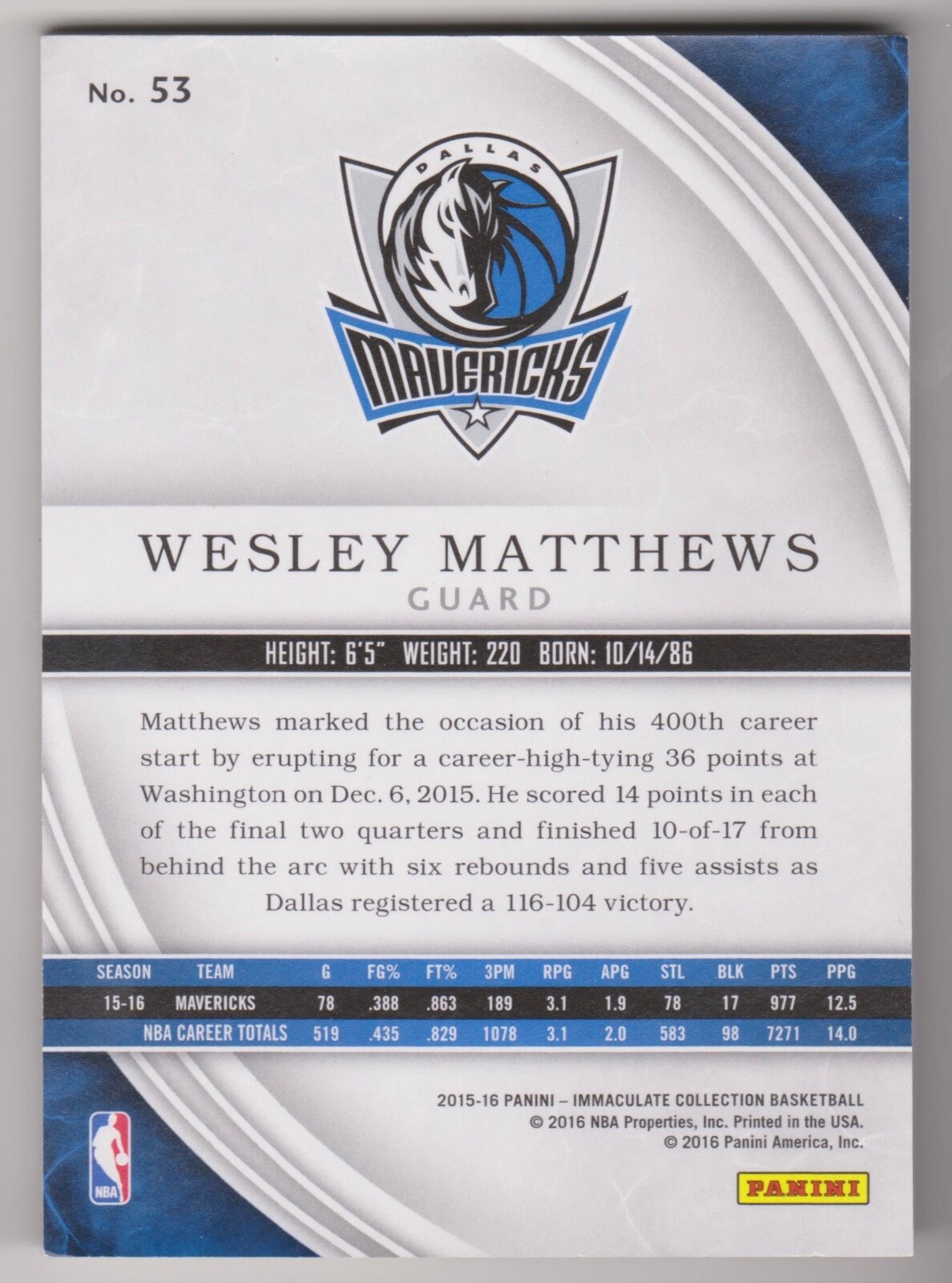 Wesley Matthews 2015-16 Panini Immaculate Basketball #53 Dallas ...