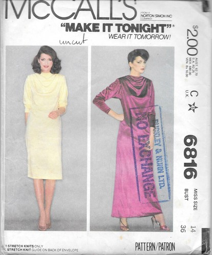 UNCUT sewing pattern McCall's 6816 ladies 14 vintage 1970's knit dress ...