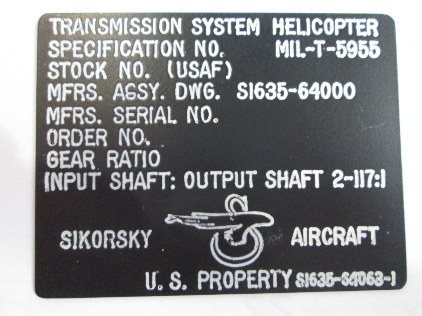Sikorsky Aircraft Name Plate P/N S1635-64063-1 New | eBay
