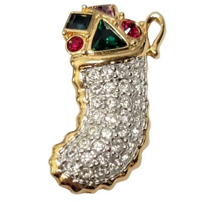 Swarovski Gold Tone Clear Green Red Crystal Pave Christmas Stocking Pin ...