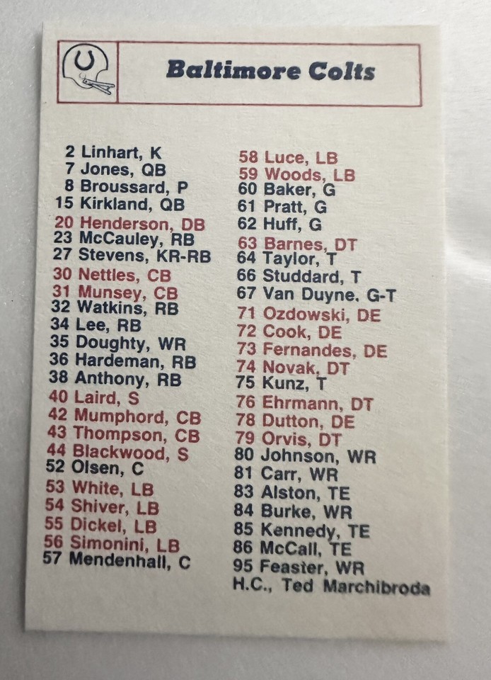 1978 BALTIMORE COLTS NFL Football Roster Game Schedule Pocket Roster ...
