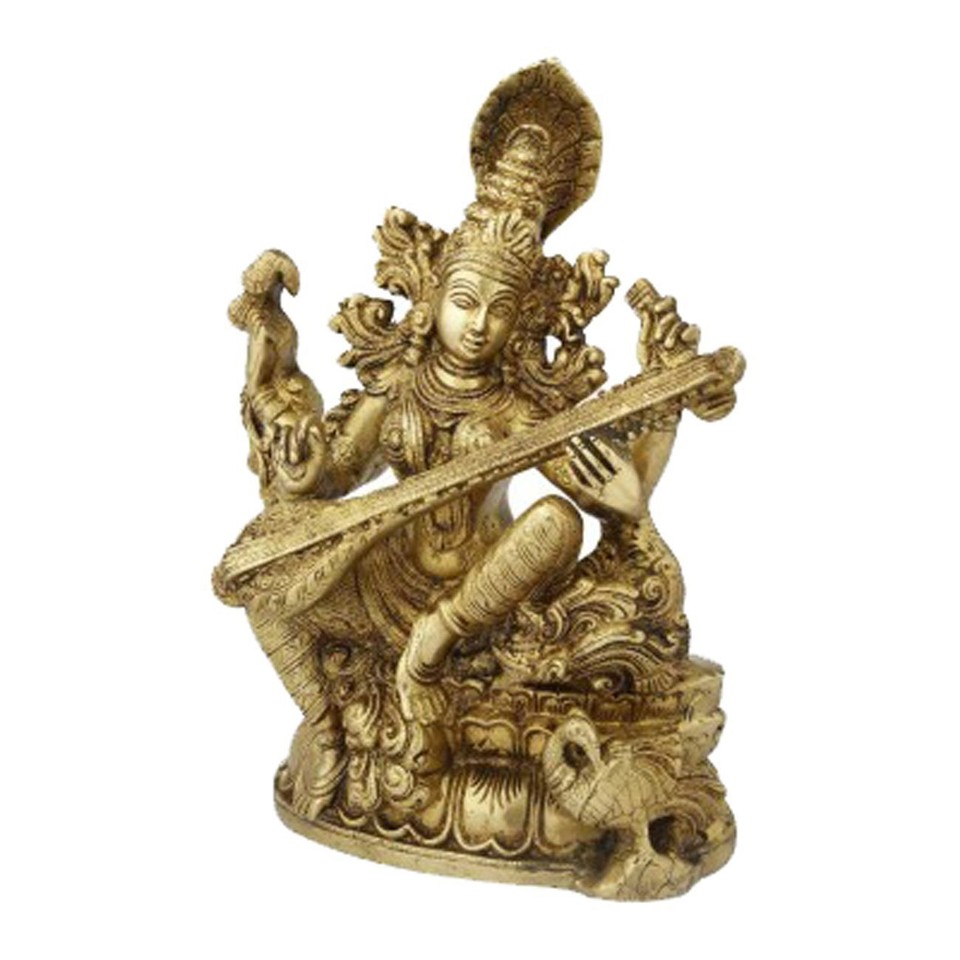 Goddess Saraswati Statue with Sitar – 27.94 cm × 20.32 cm – Golden ...