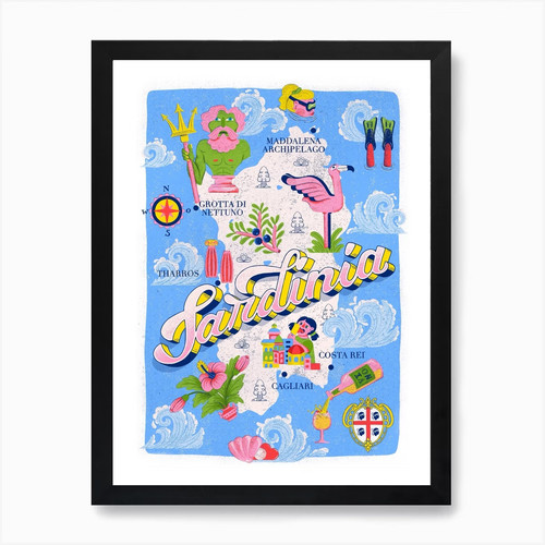 Sardinia, illustrated map Art Print Framed Wall Art Poster Canvas Print ...