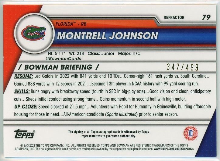 Montrell Johnson [Gators] 2023 Bowman University Chrome 1st Refractor ...