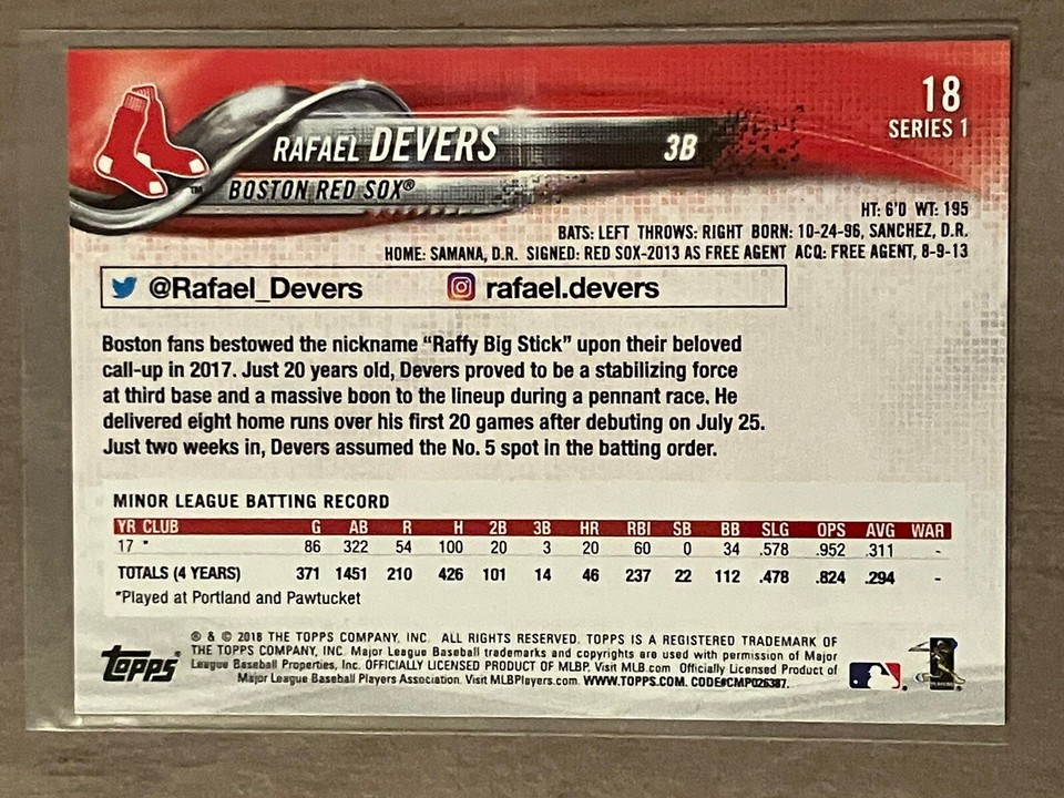 Rafael Devers 2018 Topps Rookie Gold Cup Rookie Card RC. Boston Red Sox ...