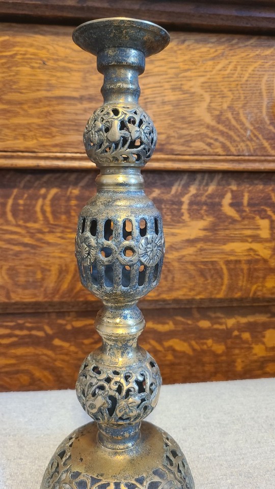 Vtg Ornate Brass Candlestick Holder Large Heavy Filigree Pierced Design ...