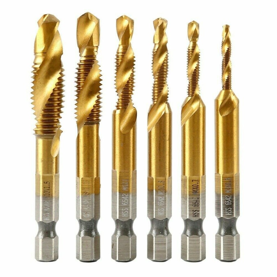 6x Hex Shank Titanium Plated Screw Thread Drill Bit Set Compound Tap ...
