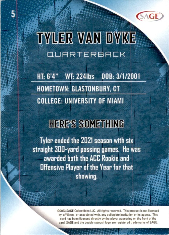 2023 Sage TYLER VAN DYKE RC #5 | eBay