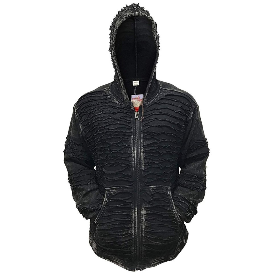 Mens Stonewashed Black Razor Cut Hippie Hooded Long Sleeved Winter ...