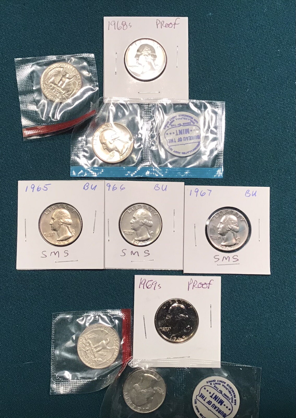 1965 1966 1967 SMS Set, 1968-1969 P D S Proof Washington Quarter 9 Coin ...