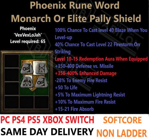 PC PS4 PS5 XBOX SWITCH Phoenix Shield Non LD Diablo 2 Resurrected Items ...