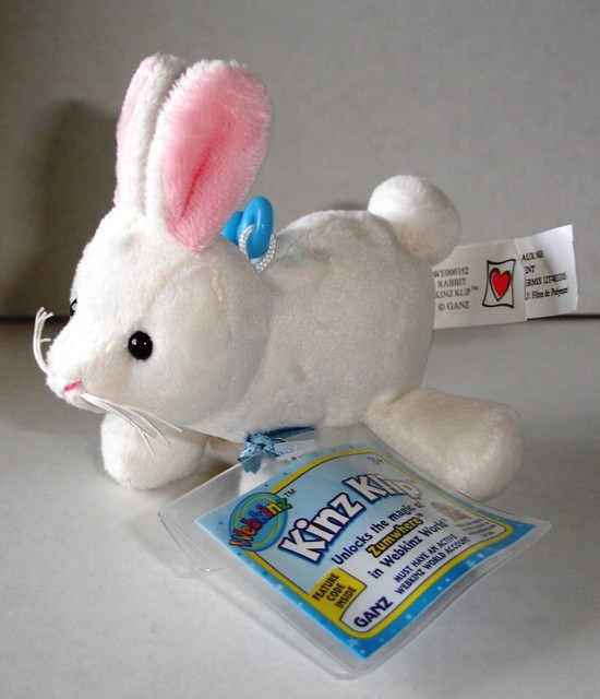 Webkinz Kinz Klip White Bunny Rabbit Code GANZ Plush Backpack Clip for ...