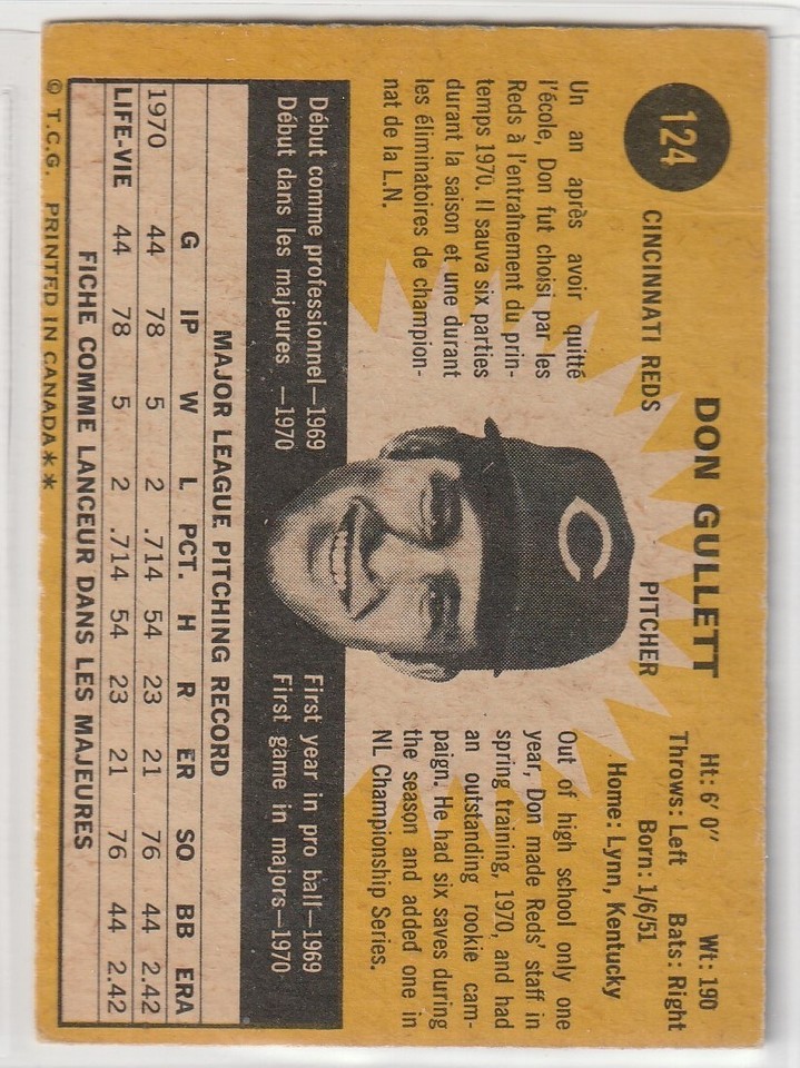 1971 OPC O-Pee-Chee #124 Don Gullet Cincinnati Reds RC | eBay