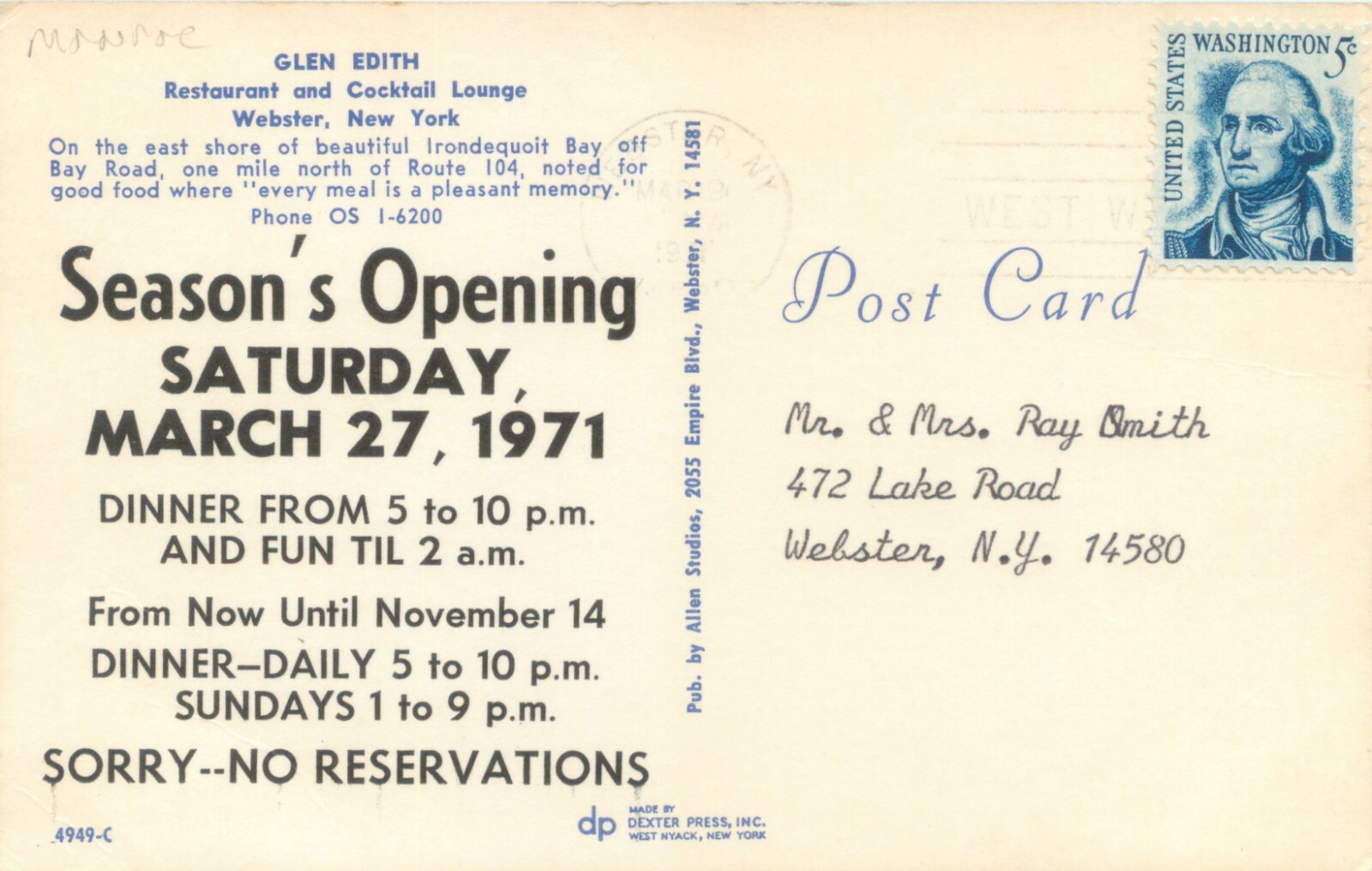Glen Edith, Restaurant & Cocktail Lounge, Webster, New York NY 1971 | eBay