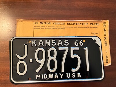 1966 Kansas License Plate Tag with original envelope JO 98751 Johnson ...