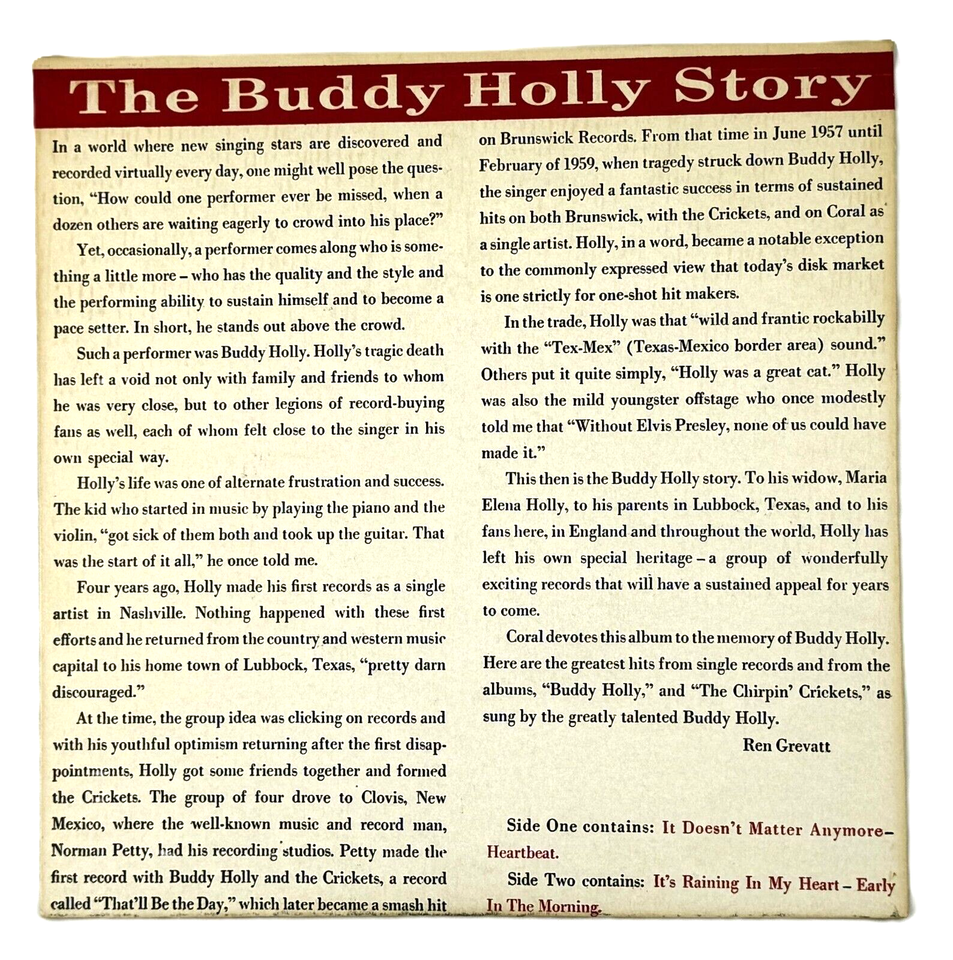 BUDDY HOLLY 1959 Buddy Holly Story Original Orange Label 4-Song 7" 45 ...