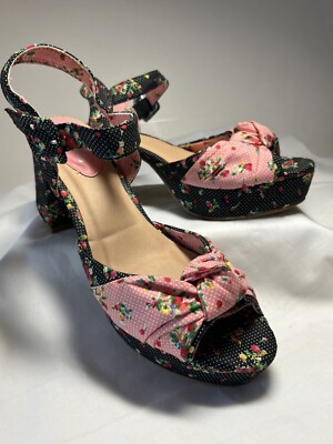 Joe Brown Pink Black Floral Print Retro Pinup Platform Sandals Cottage ...