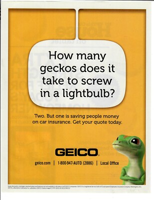 Geico Insurance Original Print Ad How Many Geckos To Screw In A ...