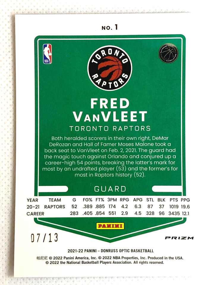 SSP /11 FRED VANVLEET 2021 PANINI DONRUS OPTIC PRIZM #1 H574 | eBay