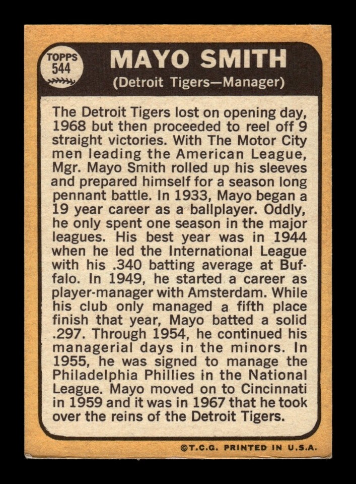 1968 Topps Set Break #544 Mayo Smith EX-EX/MT *BNCARDS* | eBay