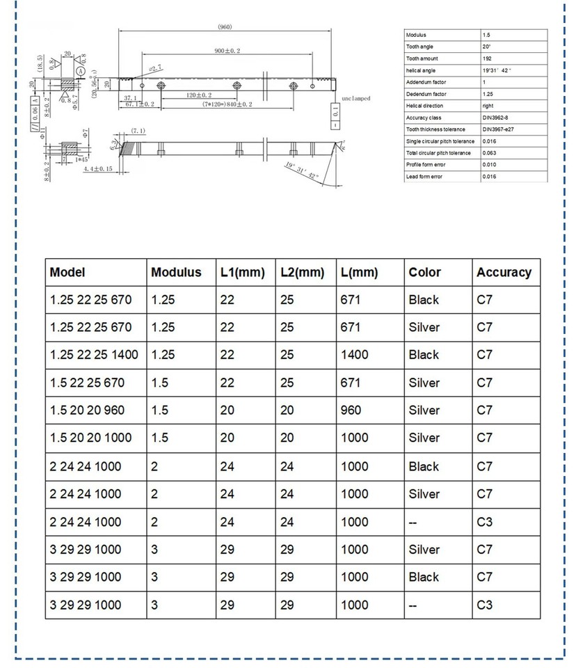 4 PCS 1.5 Modulus Helical Rack 1.5Mod Gear Rack 20*20*1000mm CNC Linear ...