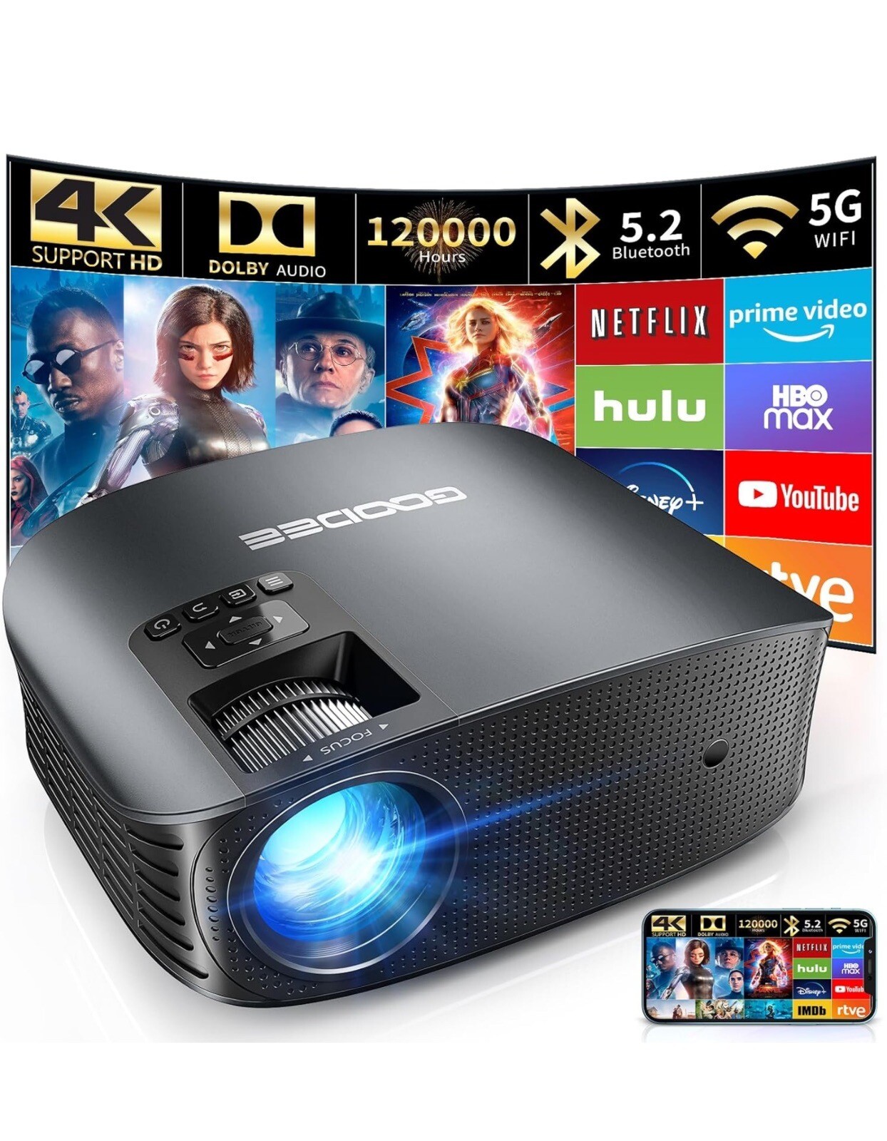 GooDee Projector 4K with WiFi and Bluetooth Supported, FHD 1080P Mini ...