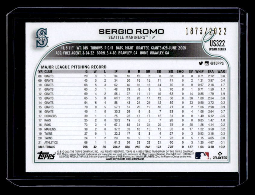 2022 Topps Update US322 Sergio Romo Gold | eBay