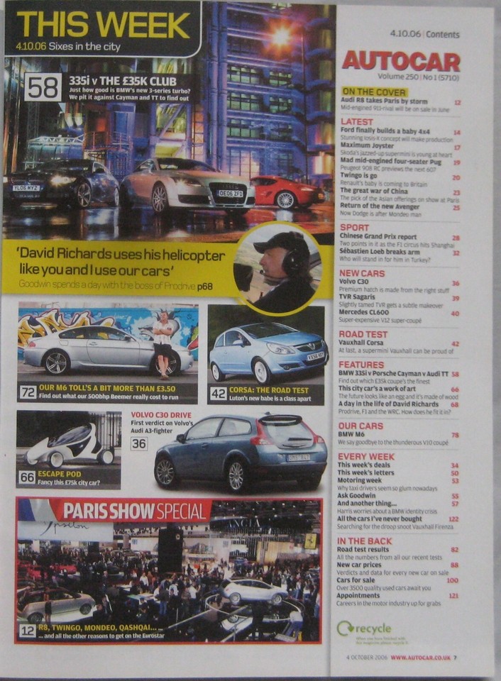 Autocar magazine 4 October 2006 featuring Porsche, Audi, BMW, TVR ...