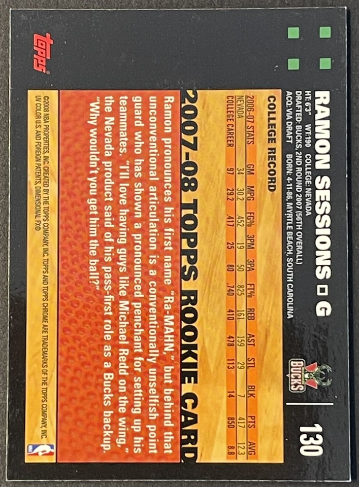 Ramon Sessions Topps Chrome 07-08 #130 Rookie Card Milwaukee Bucks | eBay