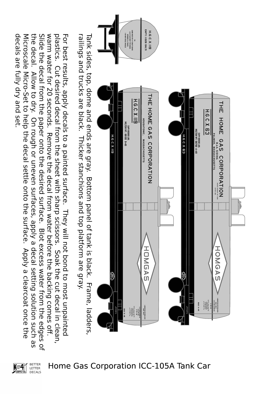 K4 HO Scale Decals Home Gas Corp ICC-105 Tank Car Black White and Red ...