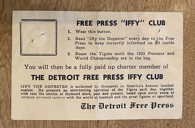 1935 Detroit Tigers Iffy Club Pinback Card Issued By The Detroit Free ...
